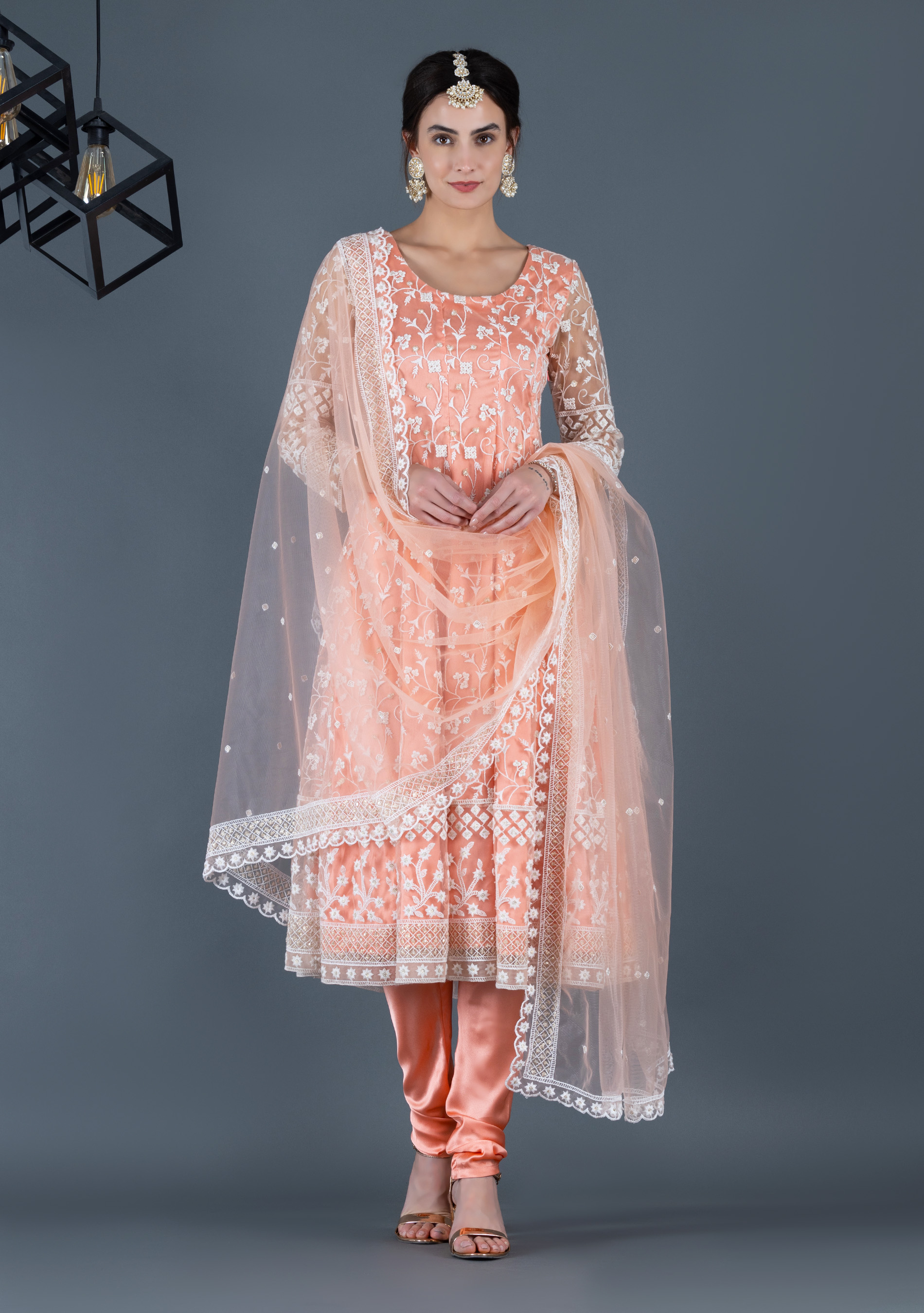Peach Thread & Sequins Embroidered Anarkali Flared Kurta Churidar & Dupatta Set - Buy Online in ...