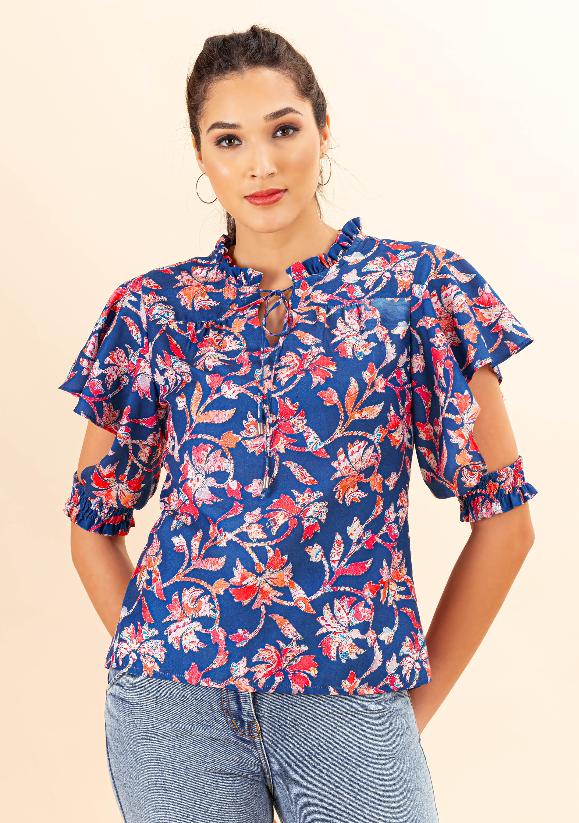 Blue Floral Print Rayon Top - Buy Online in South Korea @ Mehar
