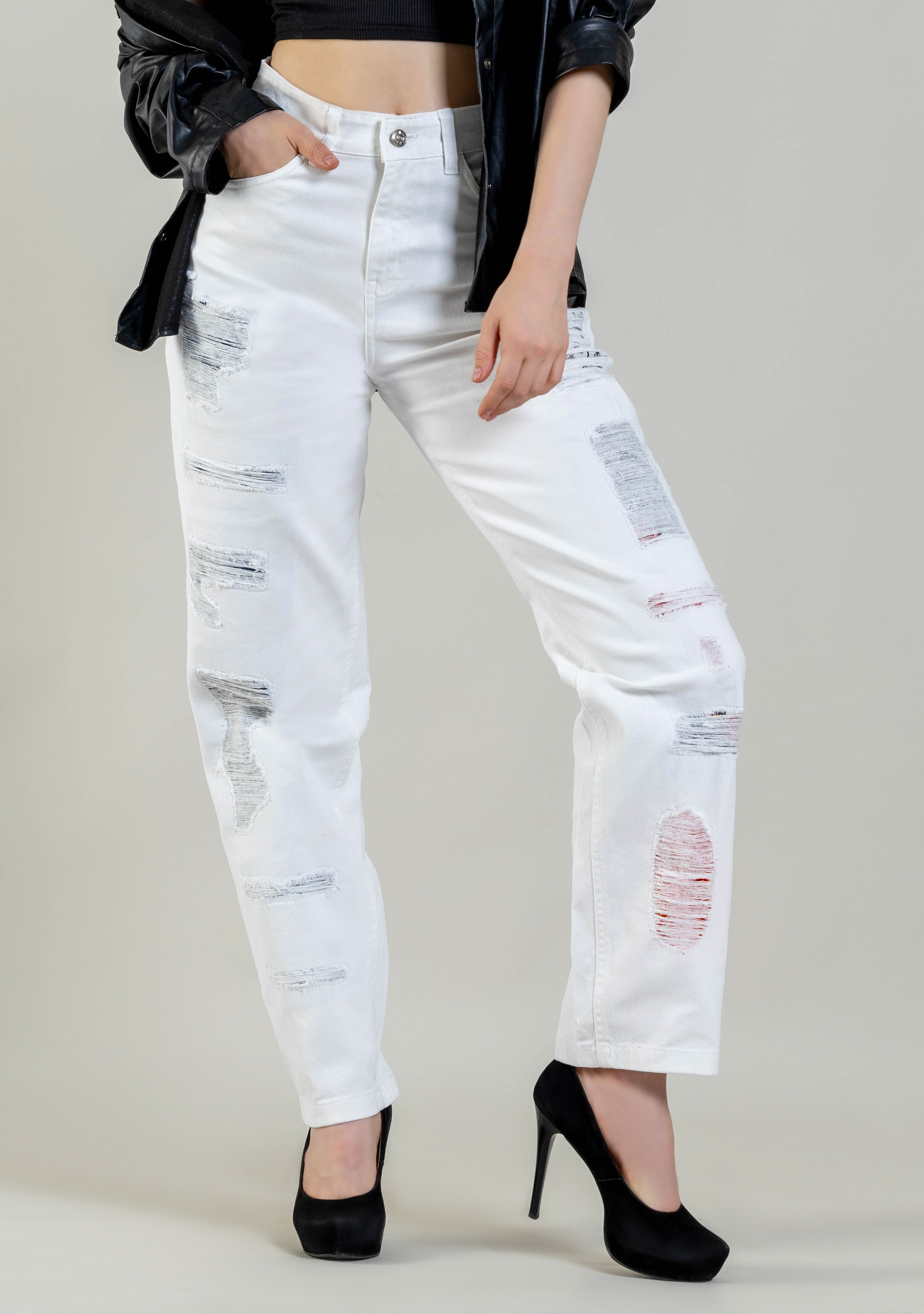 White Straight Fit Women s Distressed Jeans Buy Online at Best Price Mehar